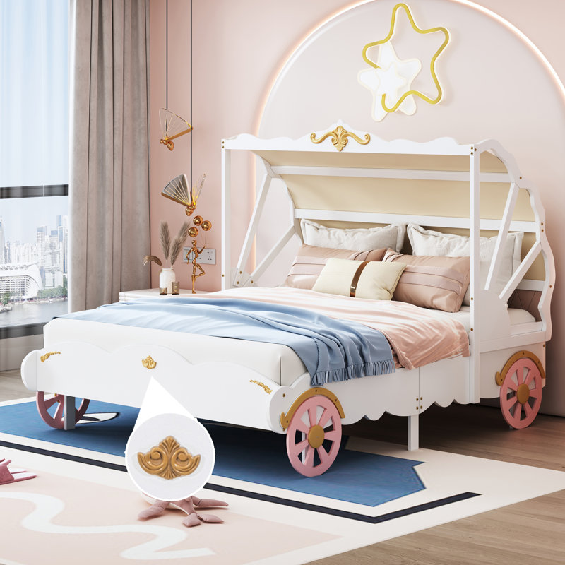 Trinx Twin Size Princess Carriage Bed With Canopy Wood Platform Car Bed With 3D Carving Pattern White Pink Gold Wayfair Canada